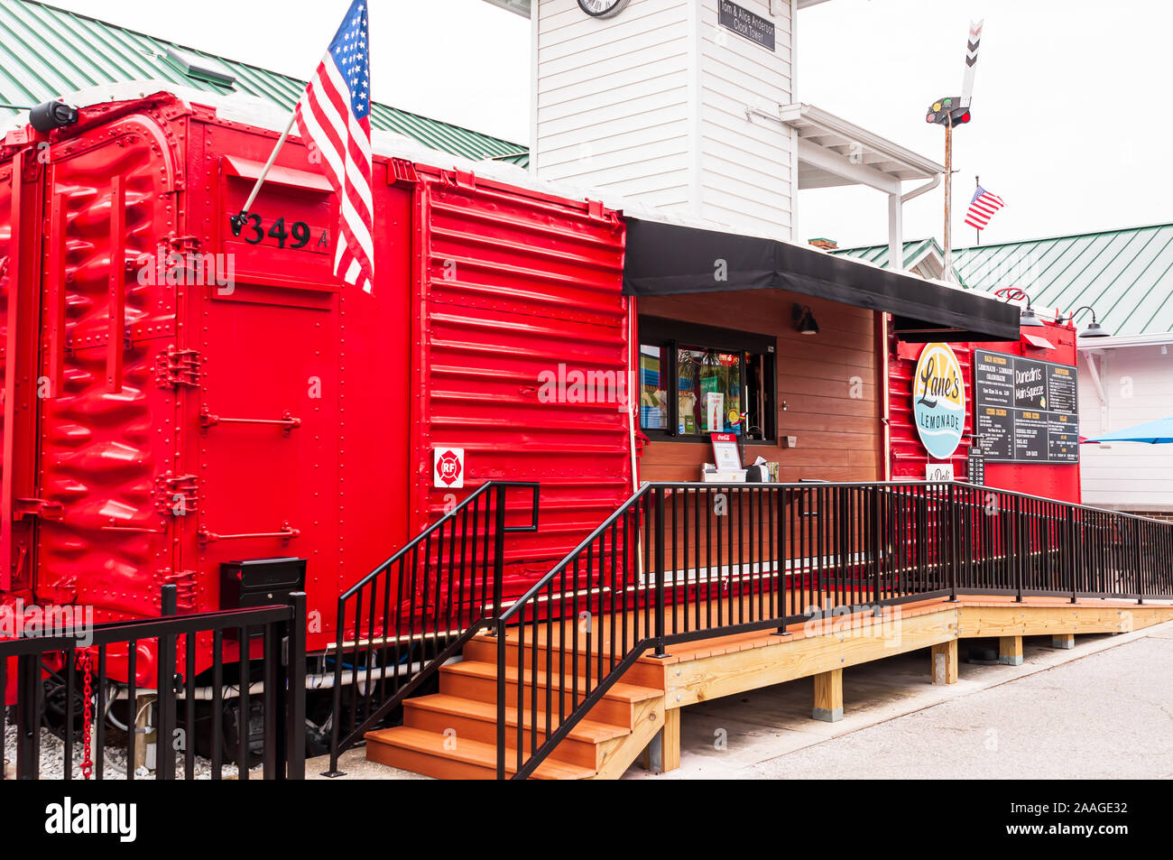 Lane's Lemonade stand, an old railroad box car with an American flag ...