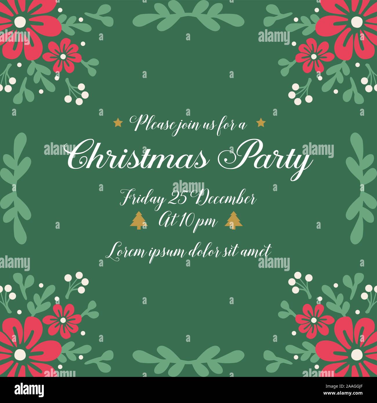 Christmas party invitation template with cute red flower frame ornate ...