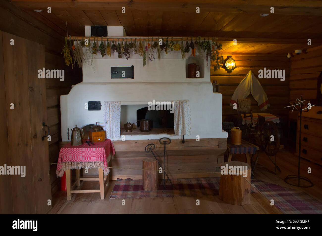 The interior of the old Russian log cabin in the Pushkin village of ...