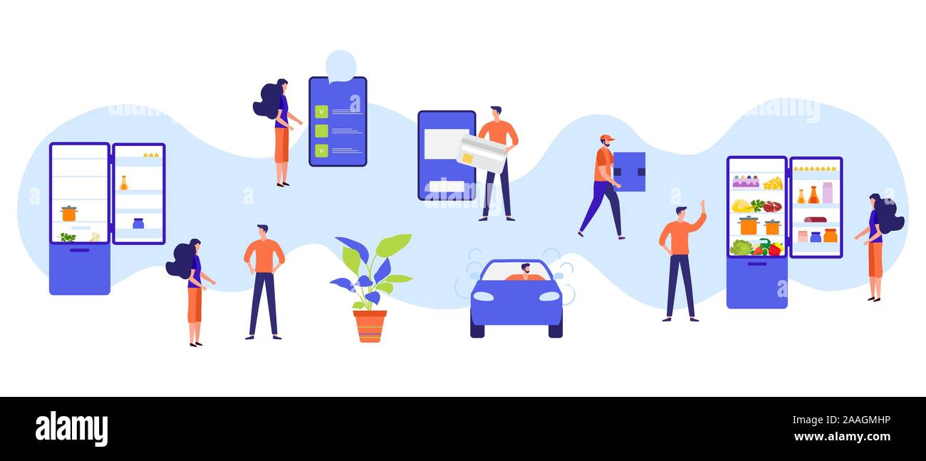 Vector illustration with people order foods, drinks in the application ...