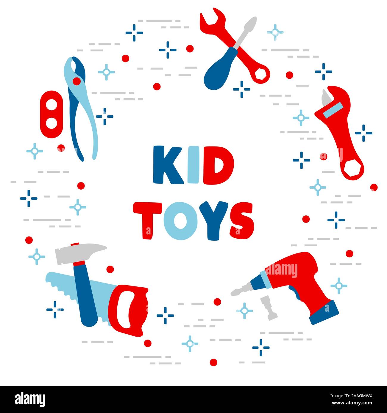 Vector illustration with kid toys. Toy tools. Saw, hammer, screwdrivers ...