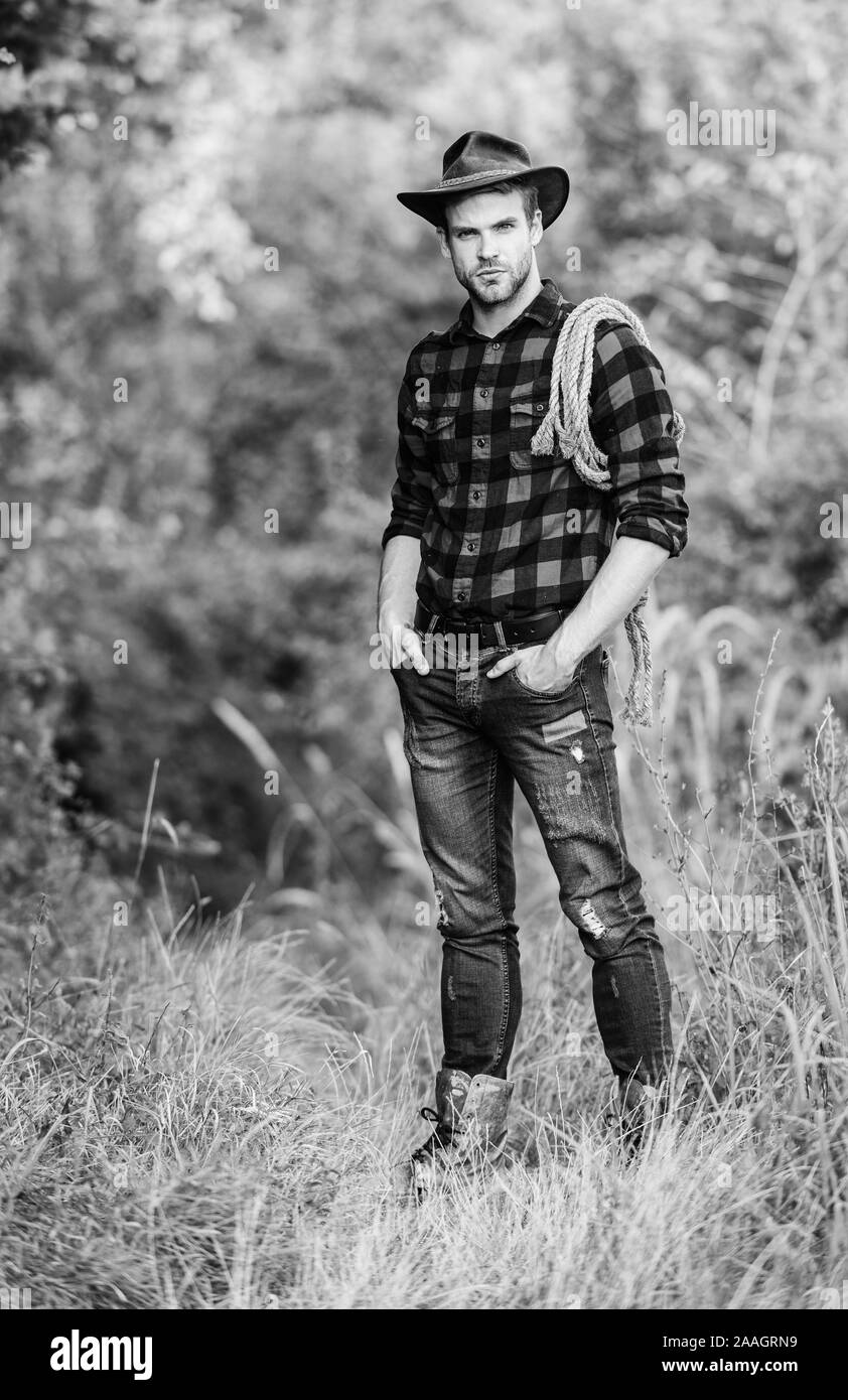 American cowboy. Lasso tied wrapped. Western life. Man cowboy nature ...