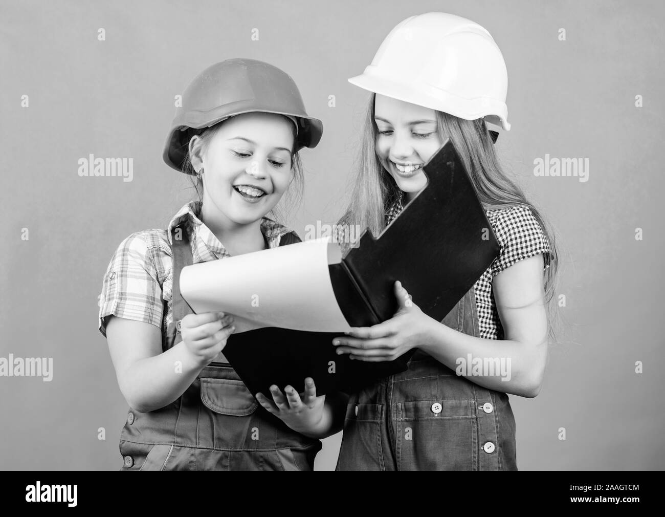Foreman inspector. Repair. school project. Happy children. Little kids ...