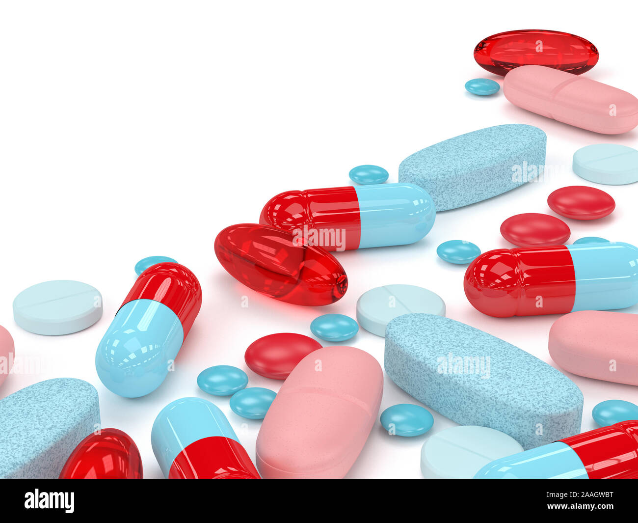 3d render of pills, tablets and capsules over white background with ...
