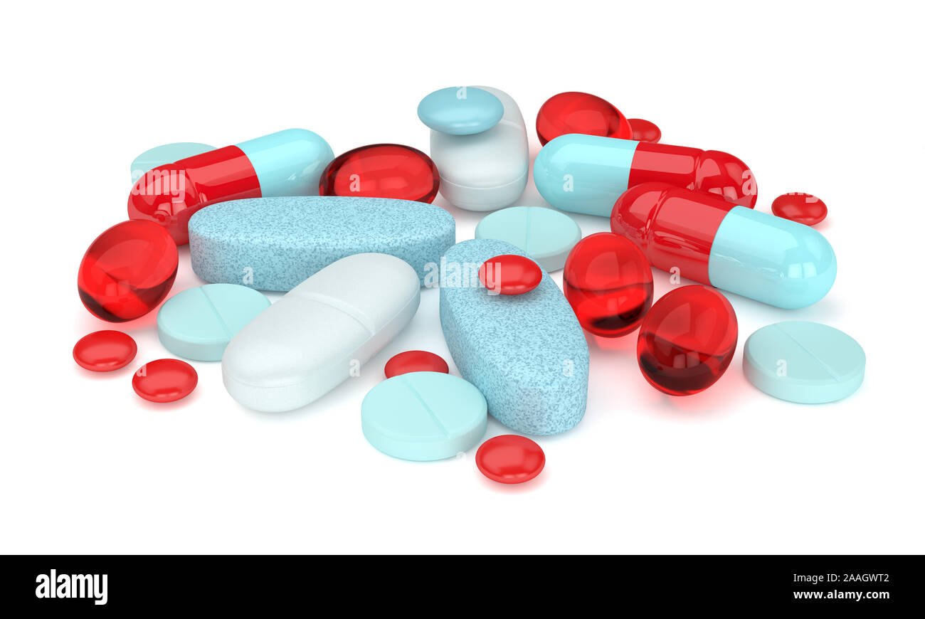 3d render of pills, tablets and capsules over white background Stock ...