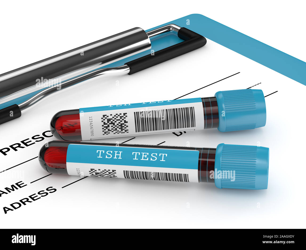 3d render of TSH test blood tubes lying on clipboard over white ...