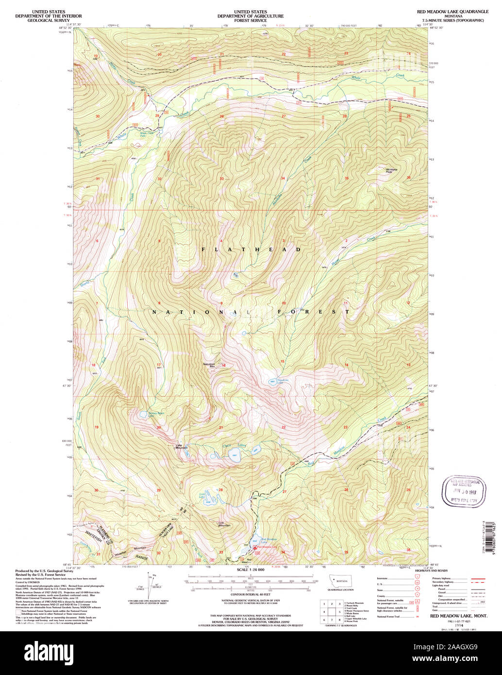 USGS TOPO Map Montana MT Red Meadow Lake 266272 1994 24000 geo ...