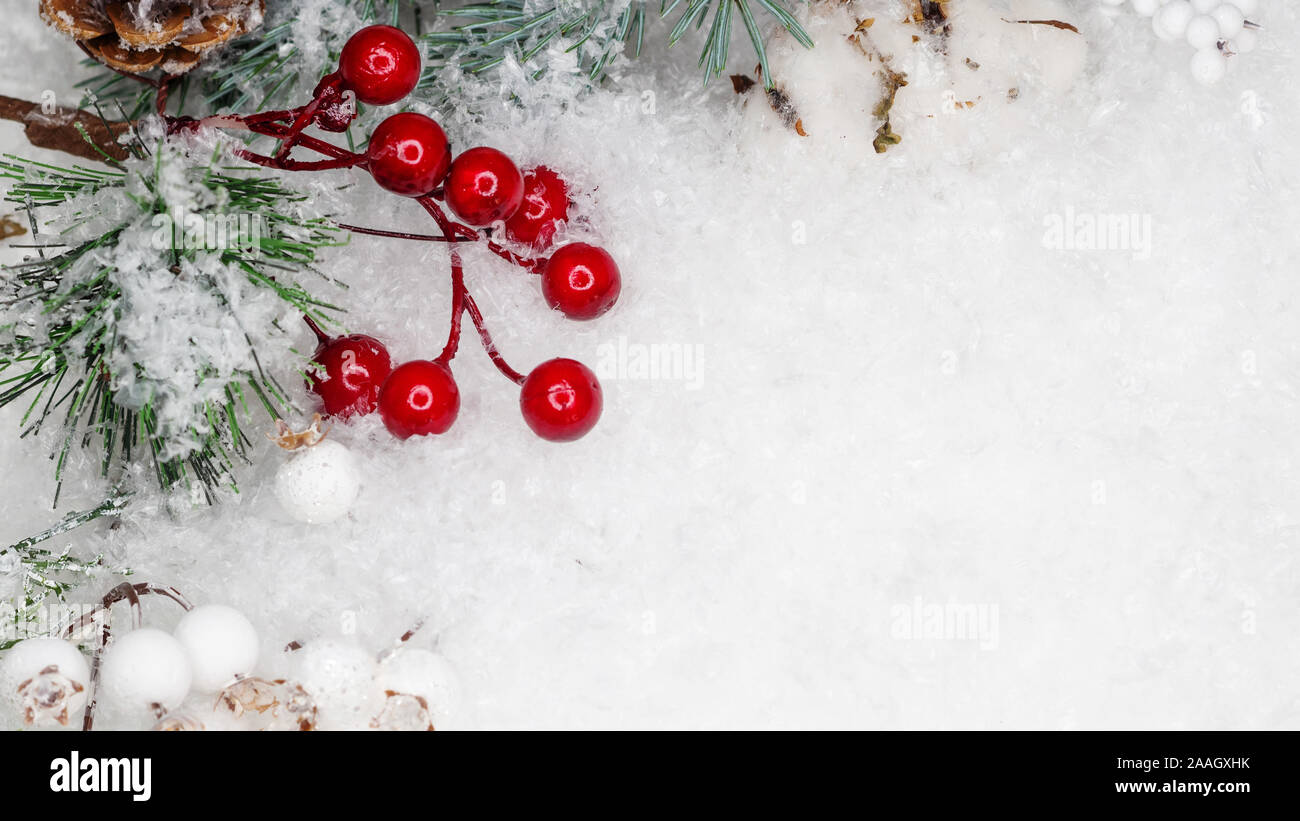 Festive winter flat lay. Snow, cones and branches of a green Christmas ...