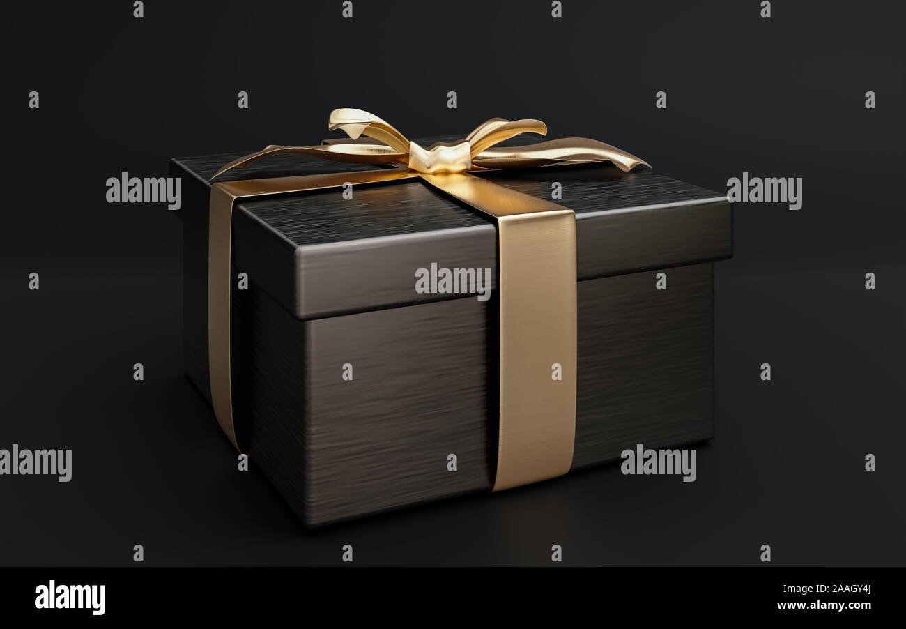 Mock-up poster, very expensive brushed black gift box with gold bow on ...