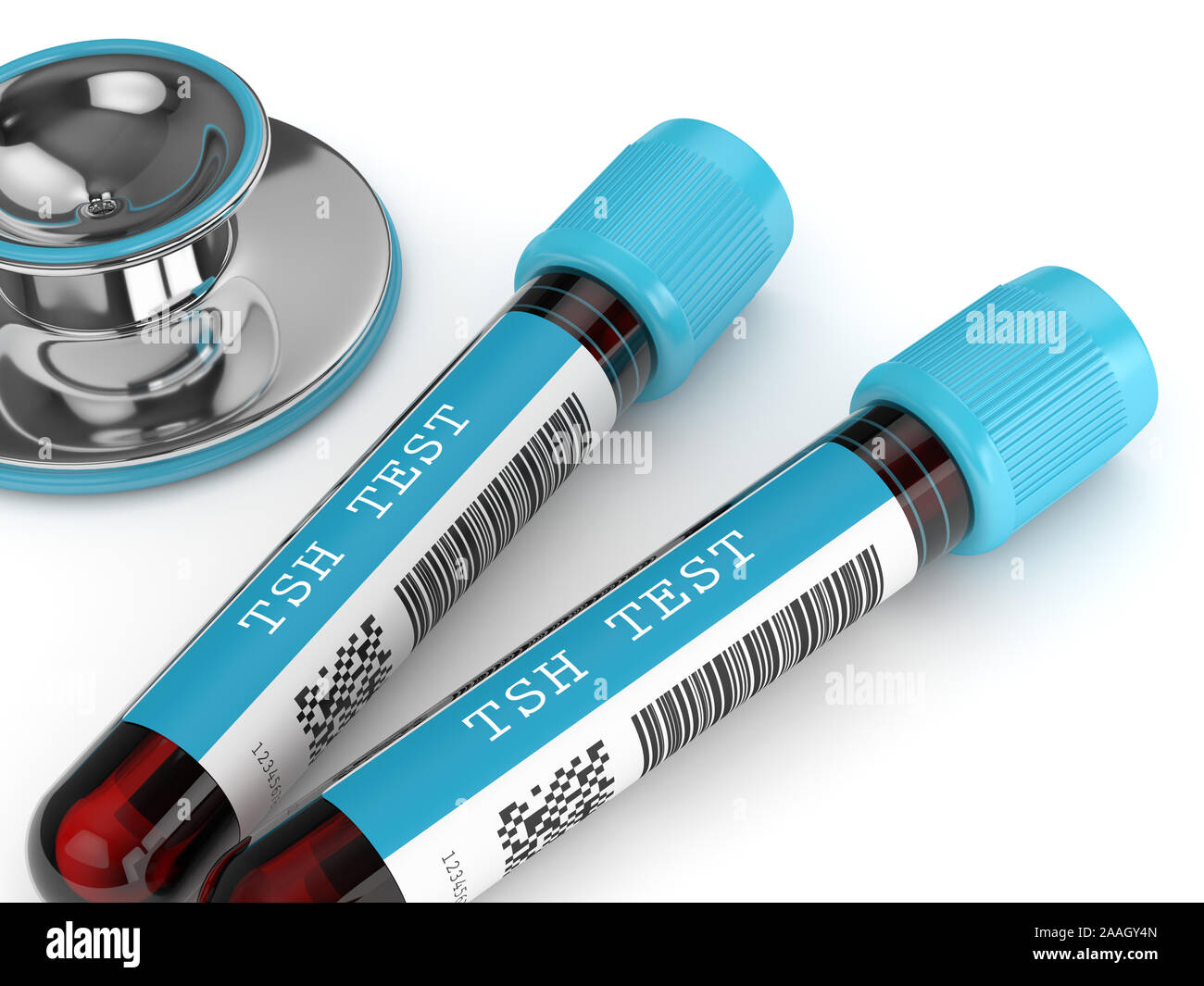 3d render of TSH test blood tubes with stethoscope over white ...