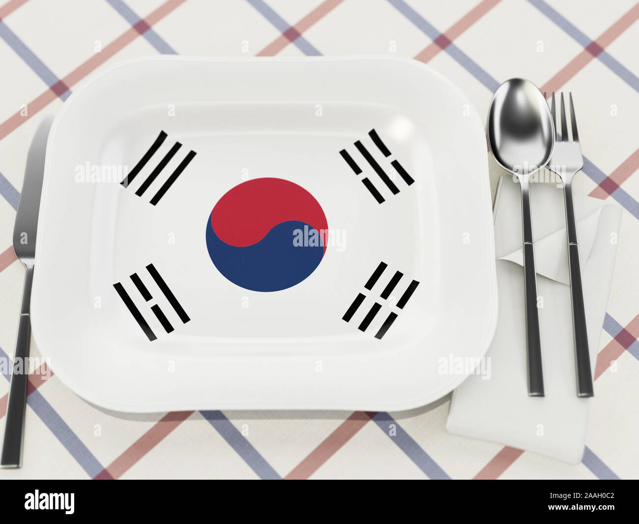 Korean cuisine concept with Korean flag textured serving plate. 3D ...