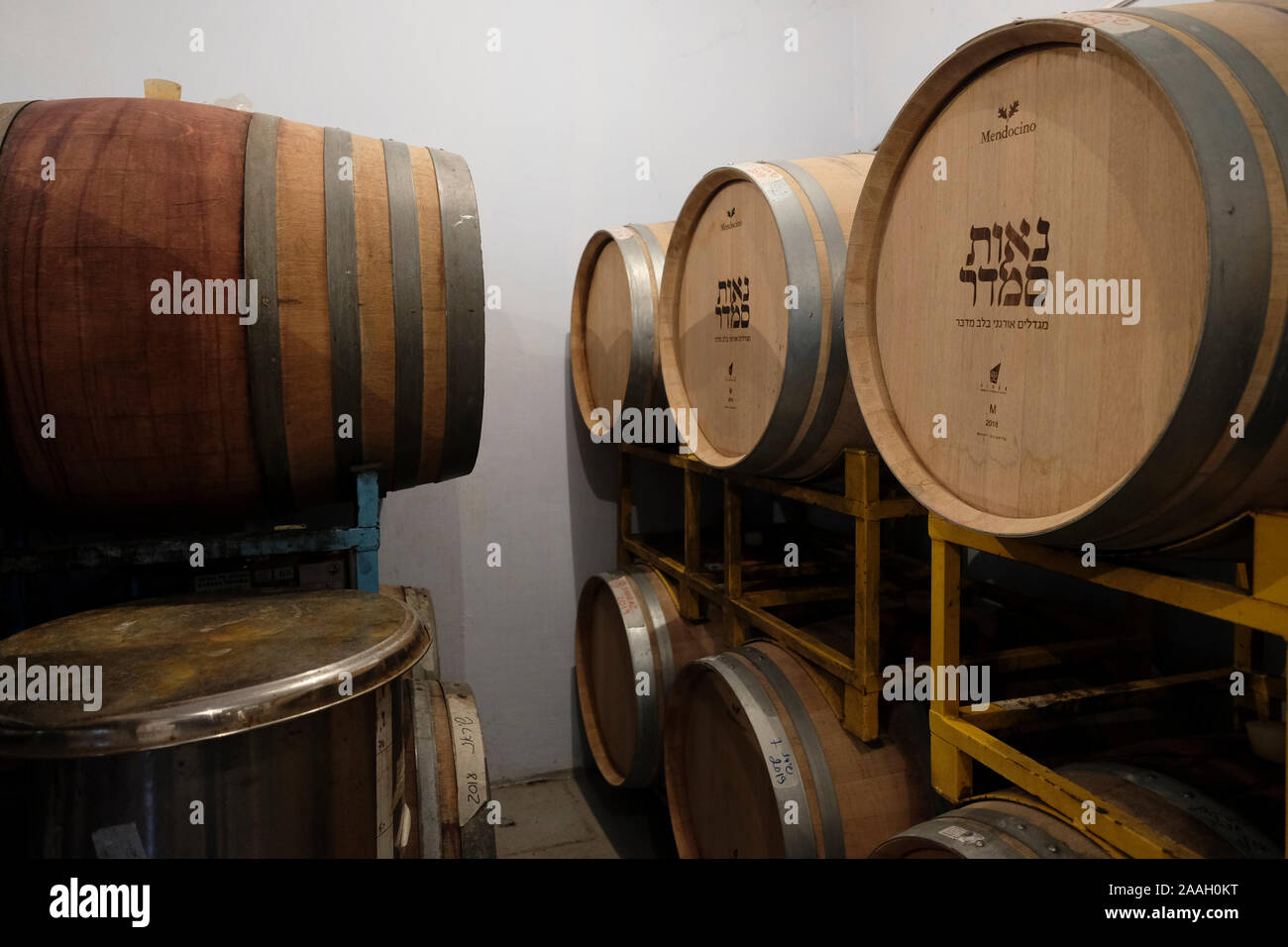 Wine in wooden oak cask aging at the winery in Neot Smadar or Neot ...