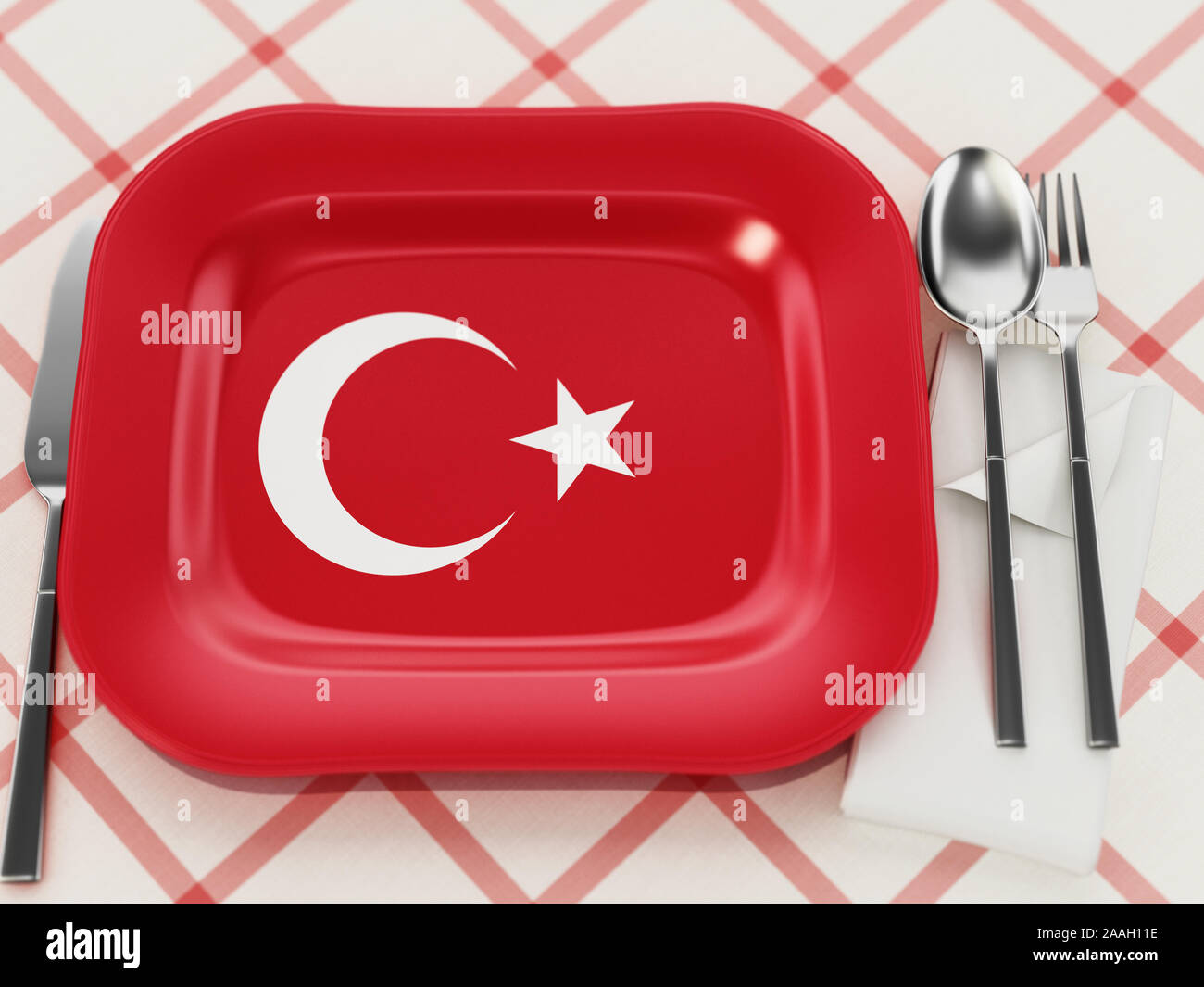 Turkish cuisine concept with Turkish flag textured serving plate. 3D ...