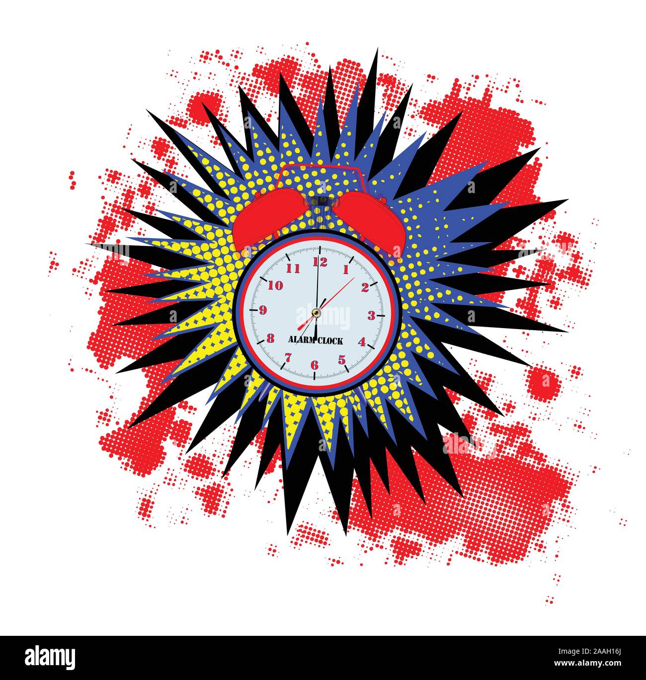A comic cartoon style alarm clock wake up explosion over a white ...