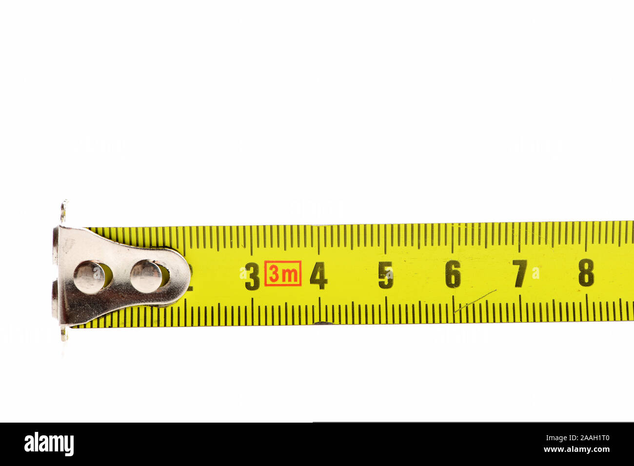End of tape measure in yellow color with black numbers, isolated on ...