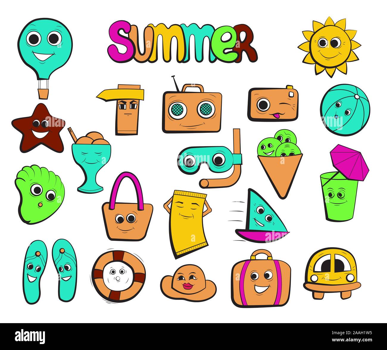 Summer icons collection. Cartoon character. Summertime travel vector ...