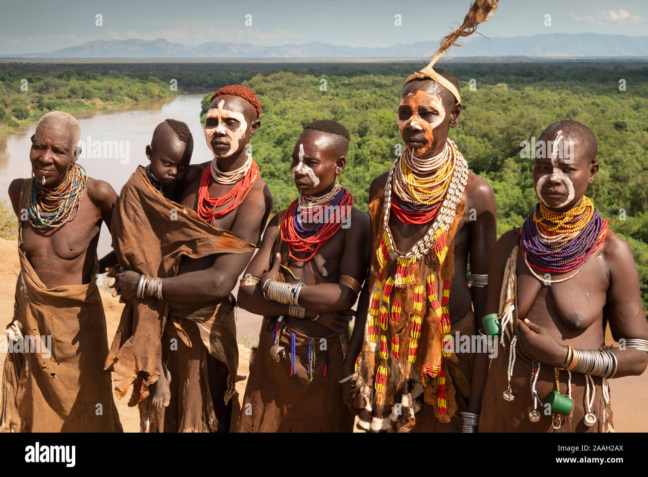Ethiopia, South Omo, Kolcho village, group of traditionally dressed and ...