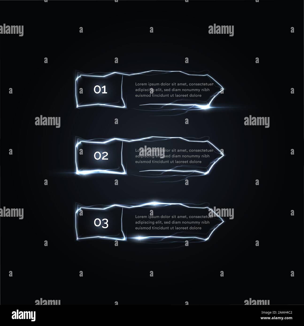 Three electric pulses or lightnings, steps vector buttons, arrows to ...