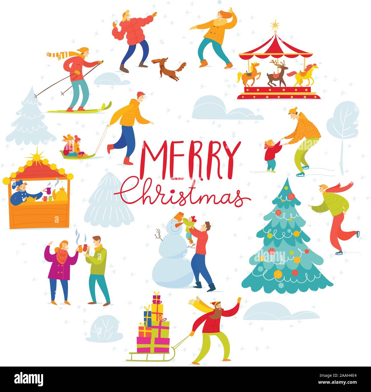 Vector Christmas winter holiday card for with people doing winter ...