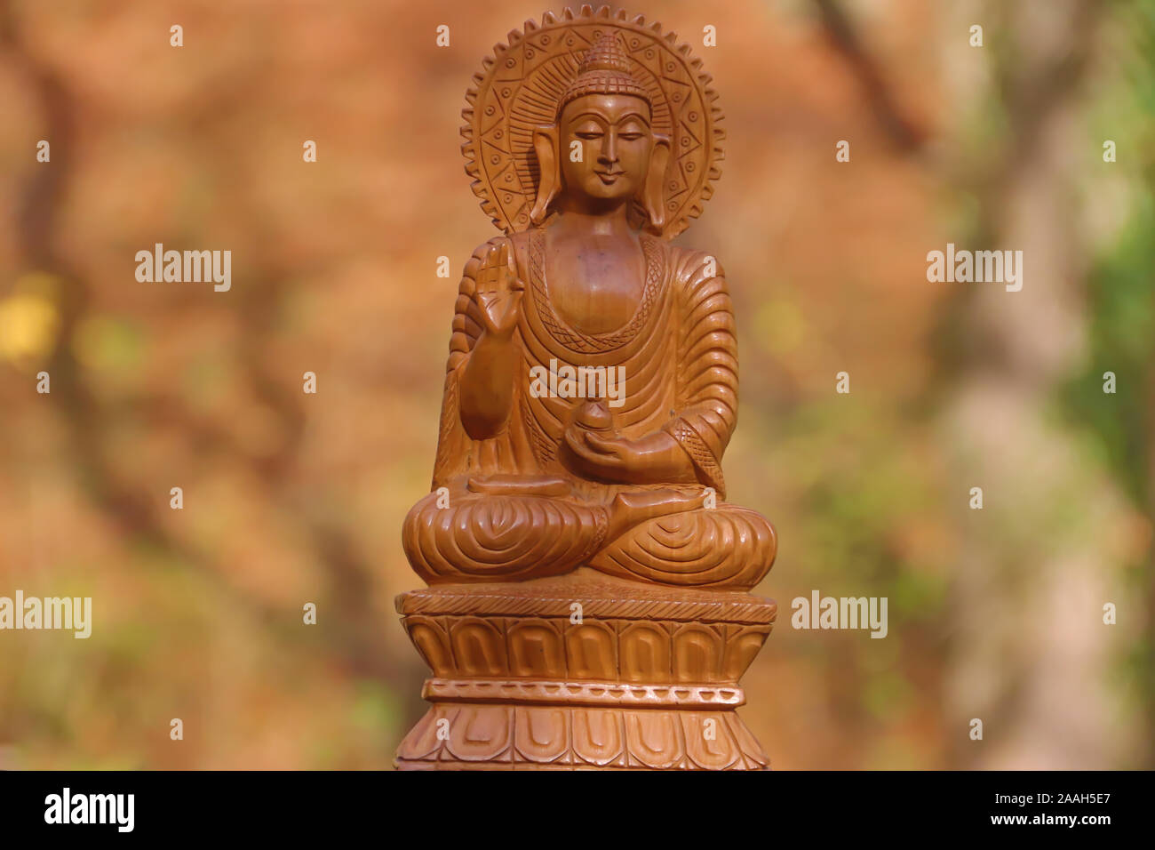 Wooden statue of Buddha in forest, Buddhism and Hindu symbol, namaste ...