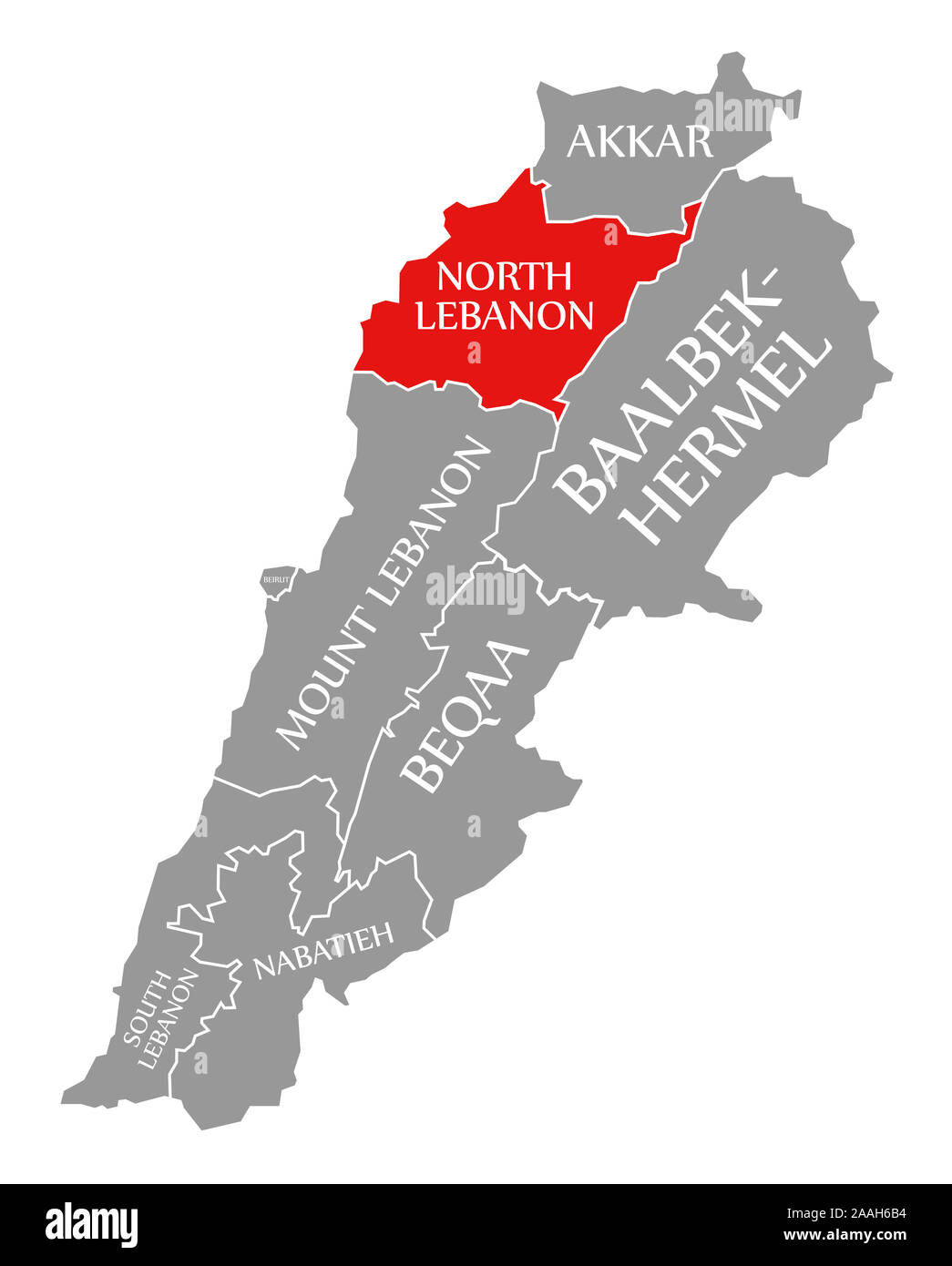 North Lebanon red highlighted in map of Lebanon Stock Photo - Alamy