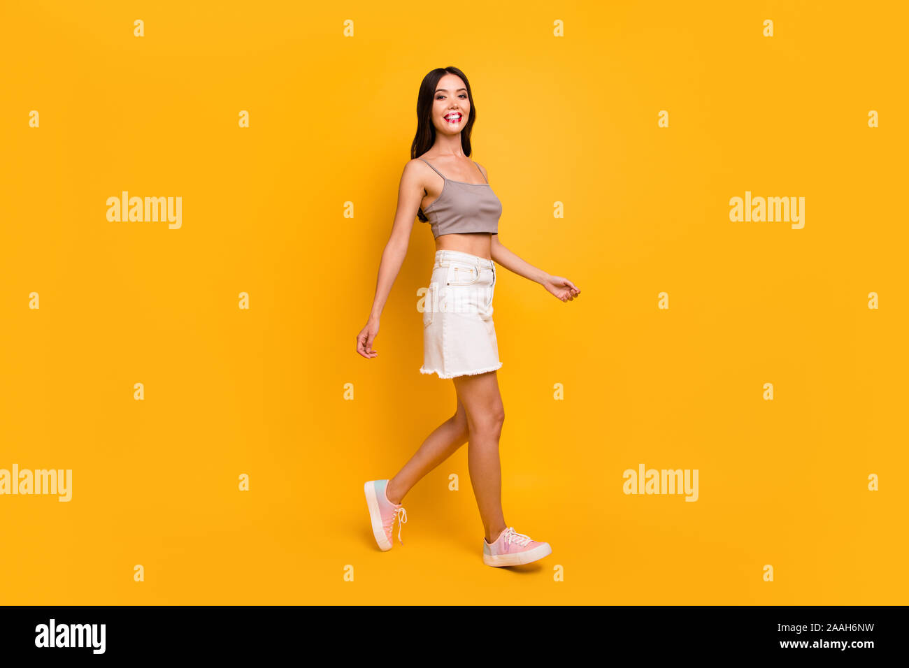 Side profile full length body size photo of cheerful positive cute ...