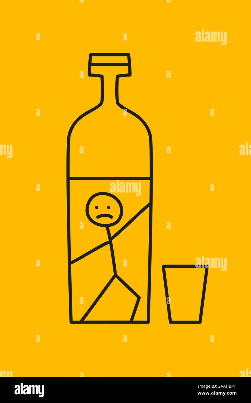 Alcoholism metaphor, addiction, man in bottle vector sketch Stock ...