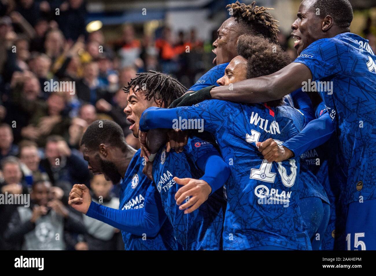 LONDON, ENGLAND - NOVEMBER 05: James Reece of Chelsea FC celebrate with ...