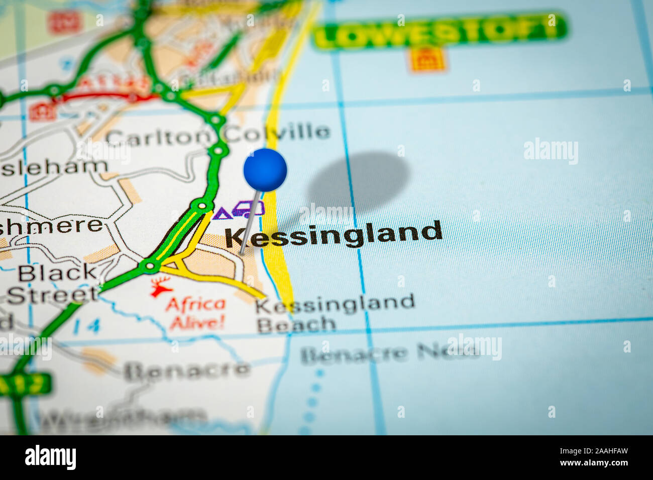 Blue Map Pin on Paper Map Showing Kessingland Stock Photo - Alamy
