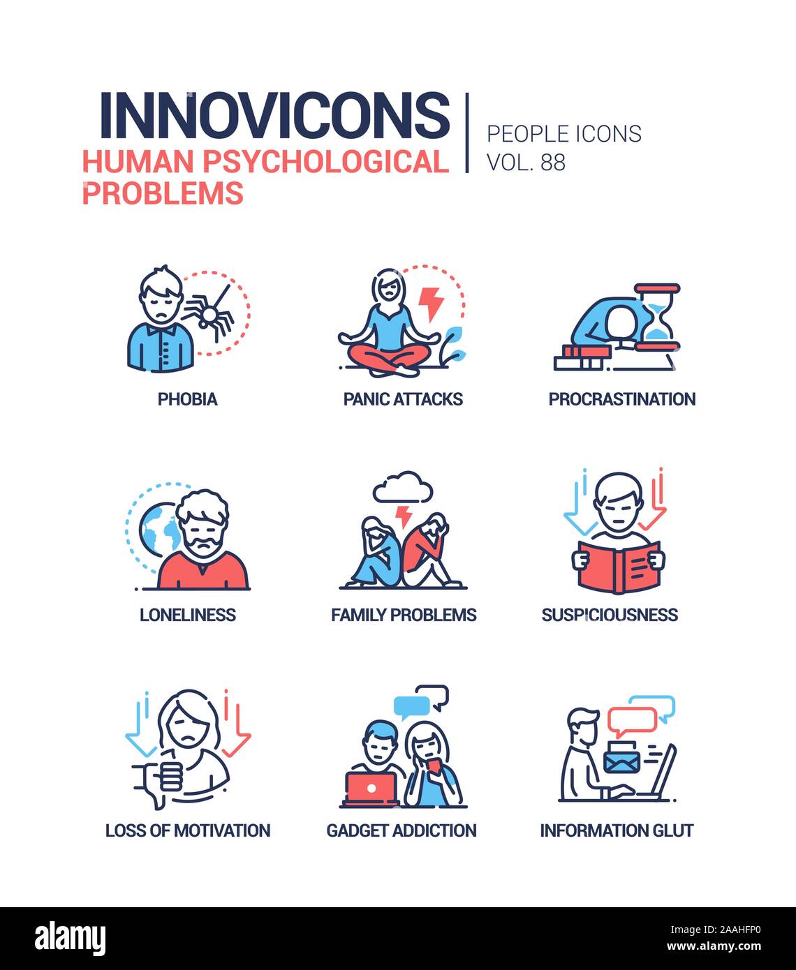 Human psychological problems line design style icons set Stock Vector ...