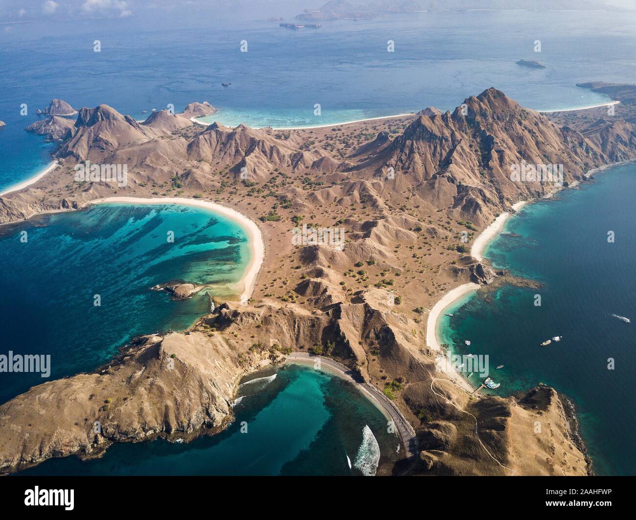 Aerial view, mountainous island, tropical beaches, Padar Island ...