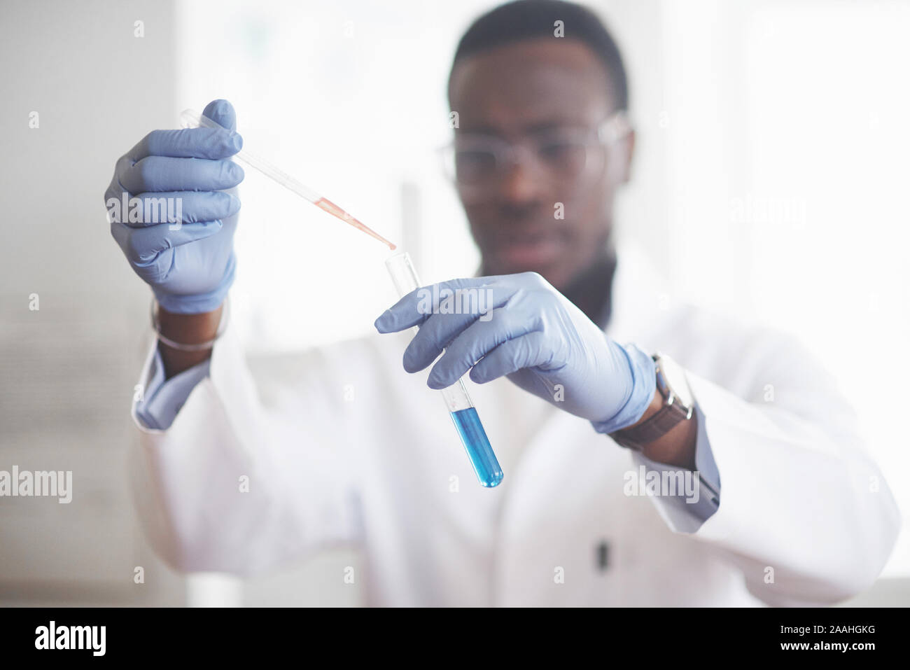 An African American worker works in a laboratory conducting experiments ...