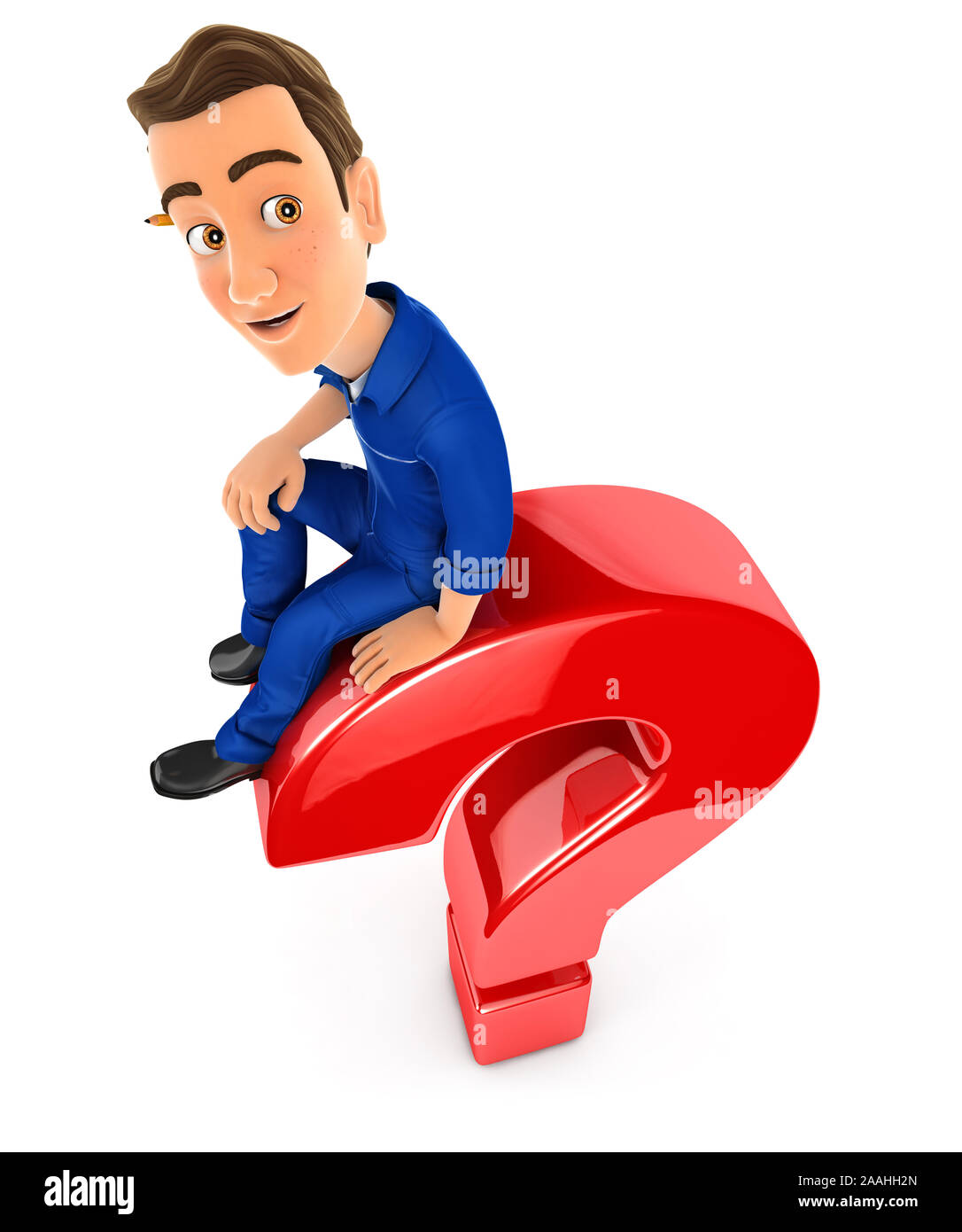 3d mechanic sitting on top of question mark, illustration with isolated ...