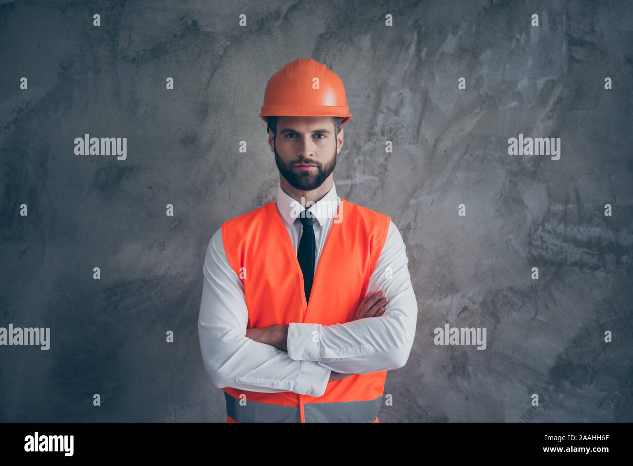 Portrait of confident cool builder cross hands ready to build great ...