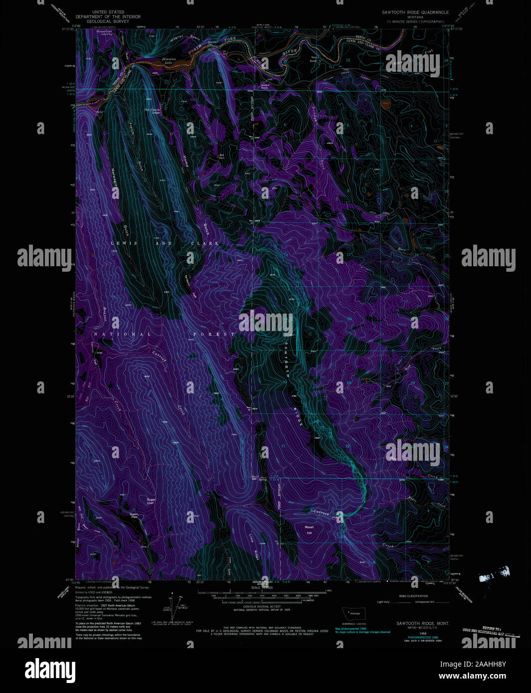 USGS TOPO Map Montana MT Sawtooth Ridge 266557 1958 24000 geo Inverted ...