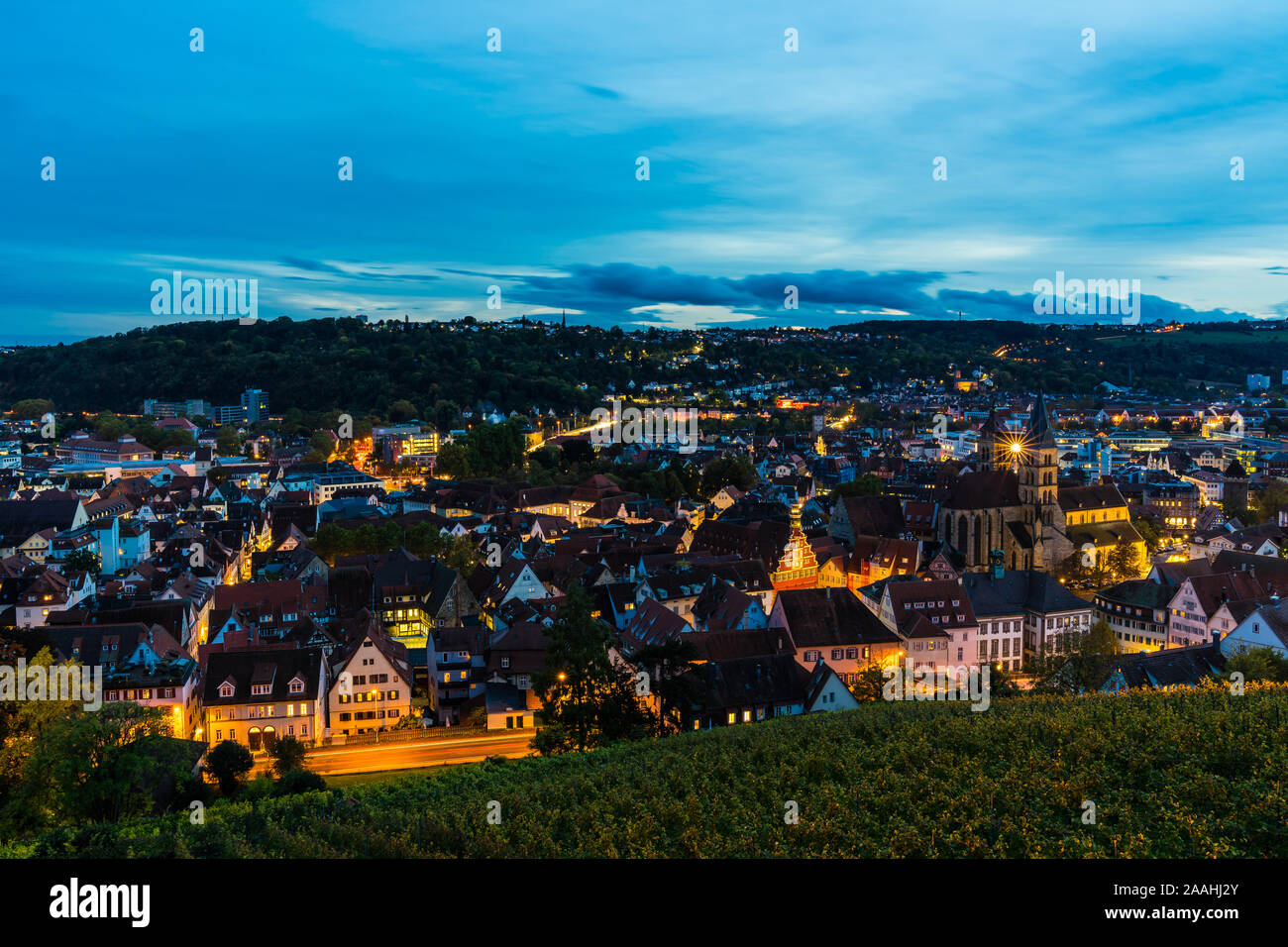Germany, Aerial view above skyline of medieval city esslingen am neckar ...