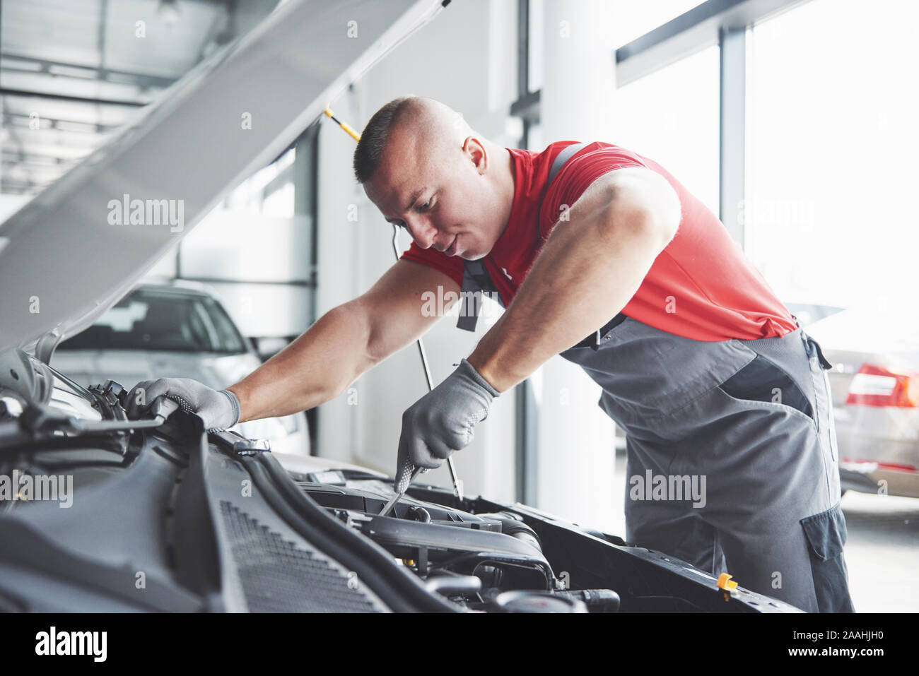 Picture showing muscular car service worker repairing vehicle Stock ...