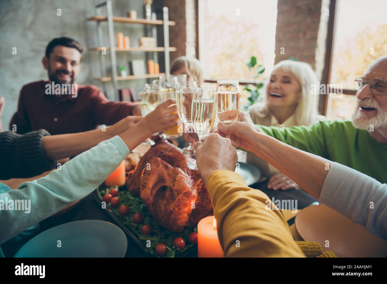 Big happy family sit table enjoy november party thanksgiving ...