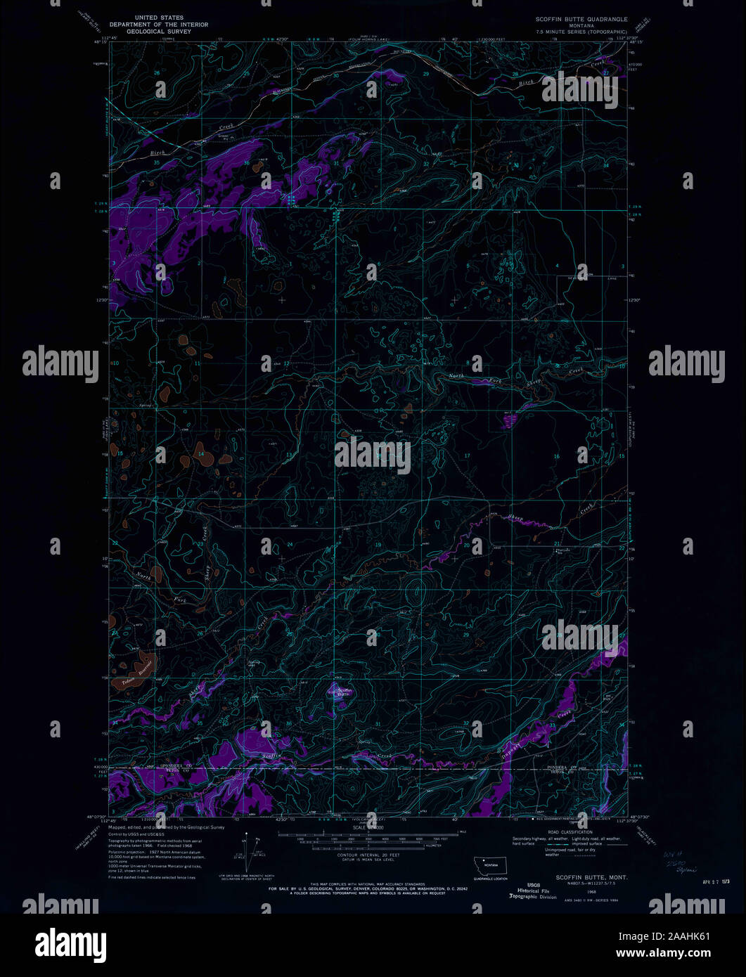 USGS TOPO Map Montana MT Scoffin Butte 266593 1968 24000 geo Inverted ...