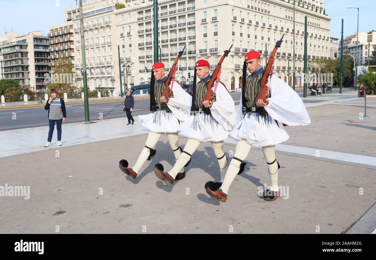Changing of the Guard in front of the Tomb of the Unknown Soldier monument, Evzones of the ...