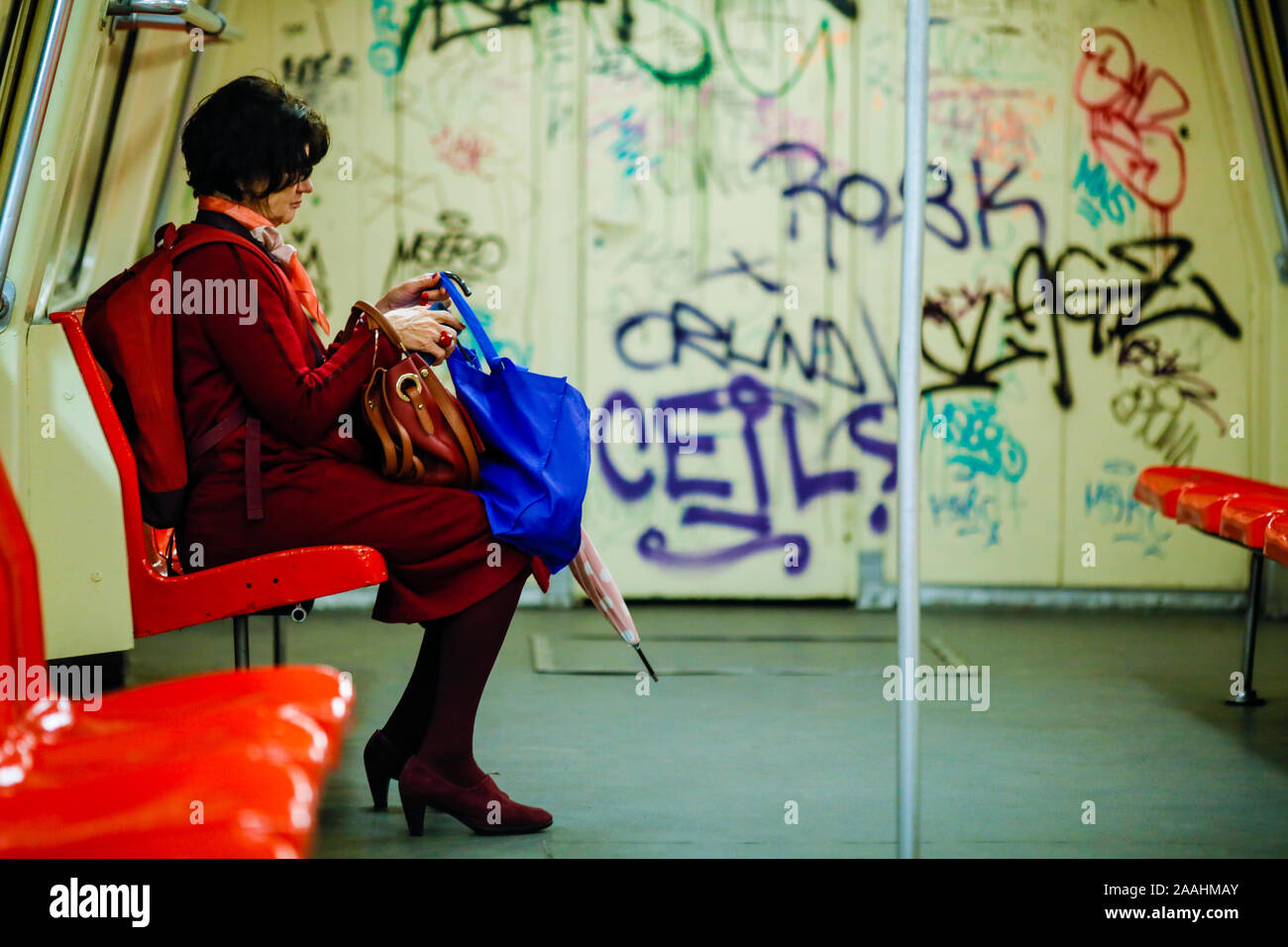 Bucharest, Romania - November 19, 2019: A woman is travelling in a ...