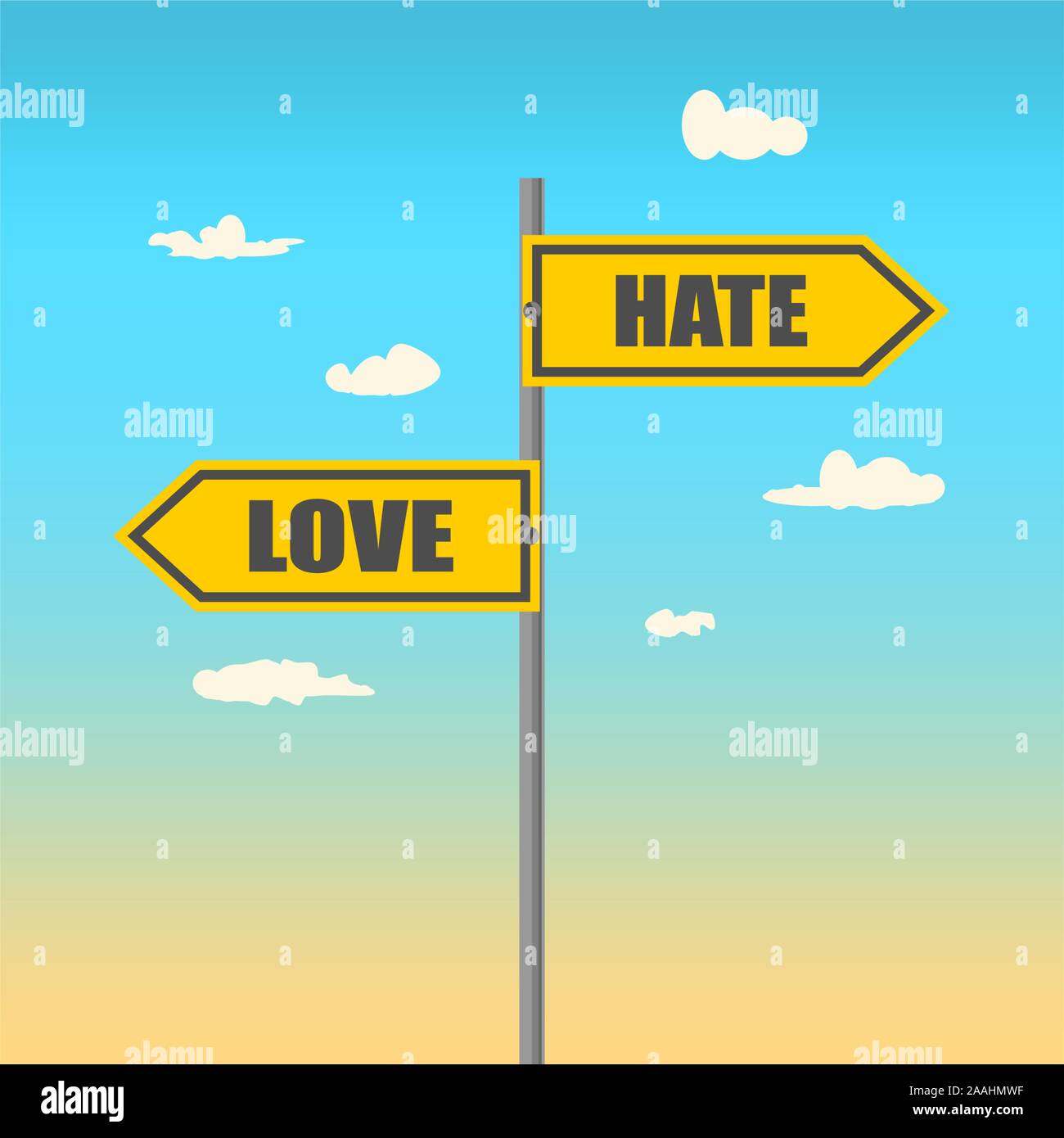 Road signs with Love and Hate text pointing in opposite directions ...