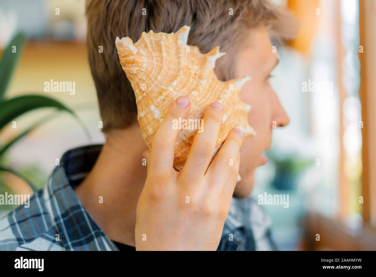 male person holding a sea shell to the hear, dreaming and hearing the ...