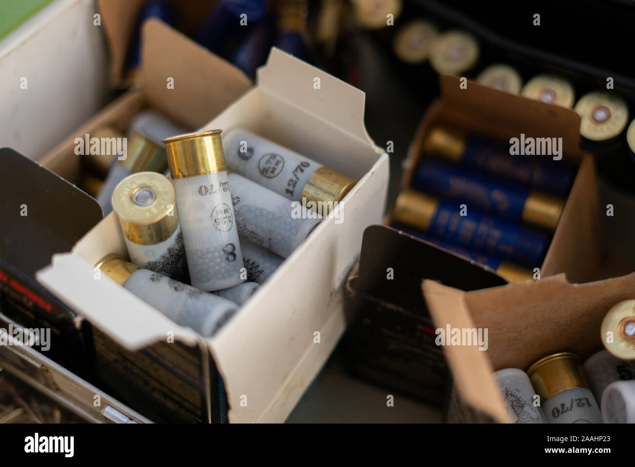 some boxes storage with hunting bullets ammunition for animal rifles ...