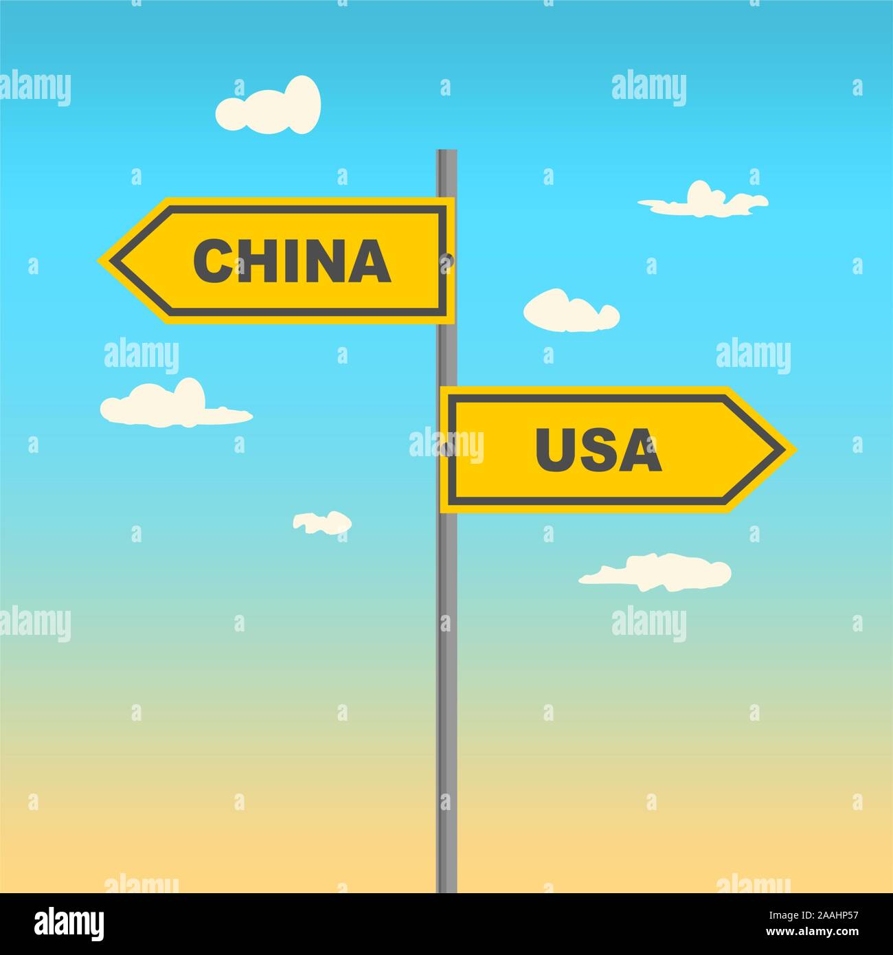 Road signs with USA and China text pointing in opposite directions ...