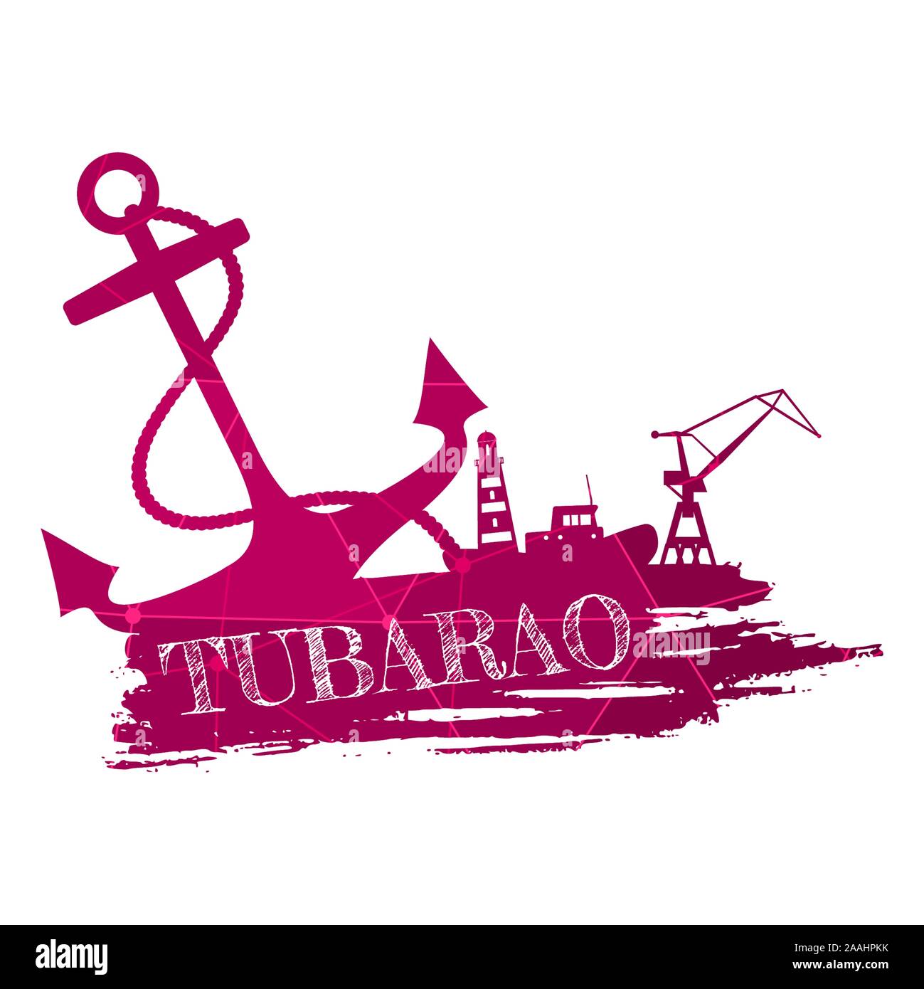 Anchor, lighthouse, ship and crane icons on brush stroke. Calligraphy ...