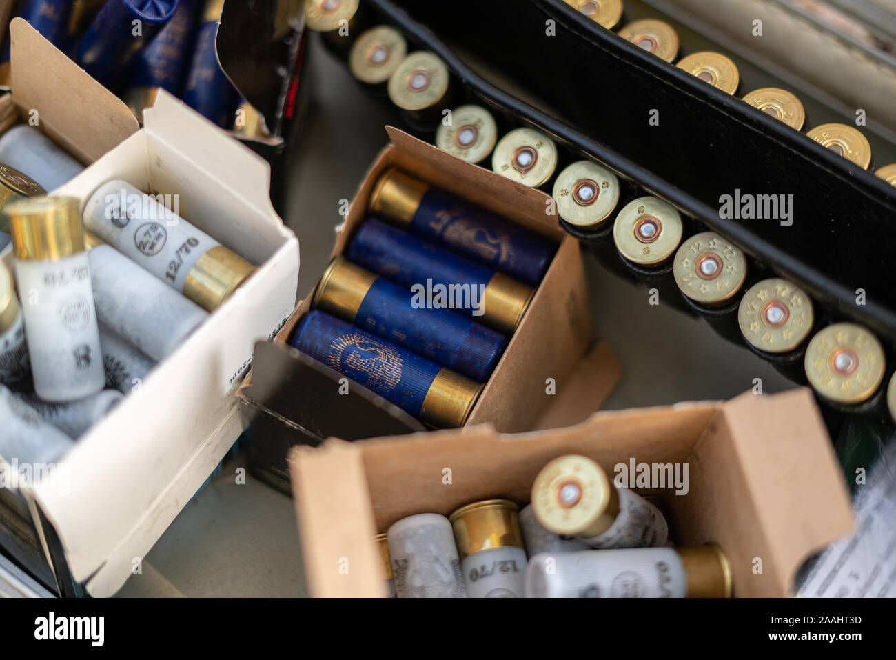 some boxes storage with hunting bullets ammunition for animal rifles ...