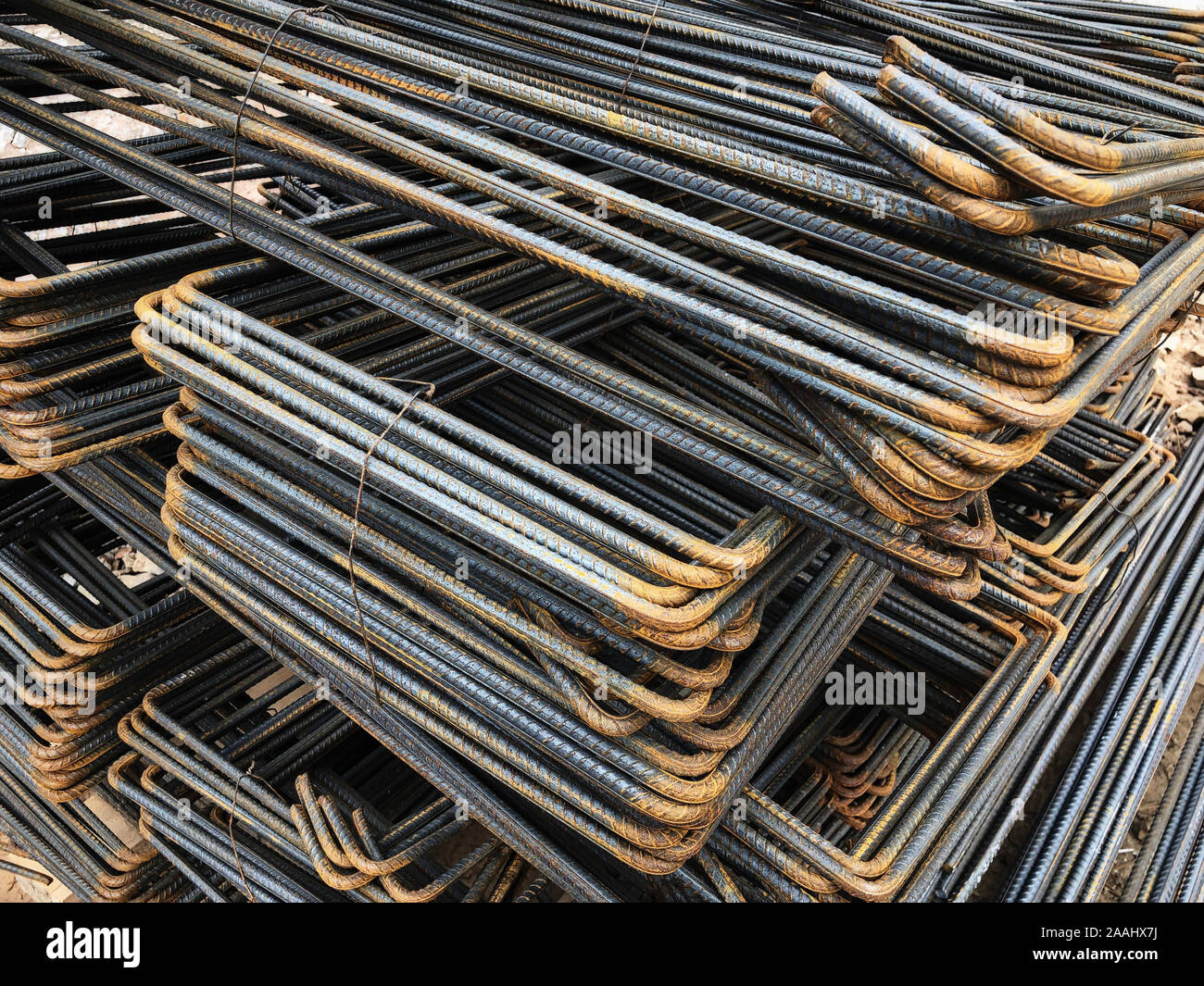 Piled iron reinforcement workpieces. Bent metal parts for reinforcement ...