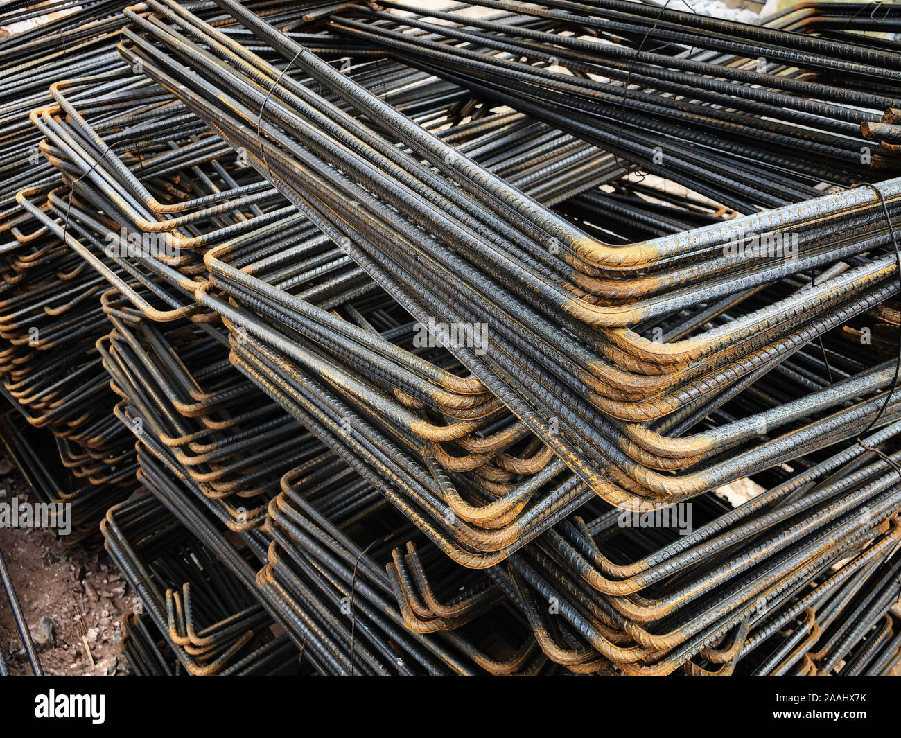 Piled iron reinforcement workpieces. Bent metal parts for reinforcement ...