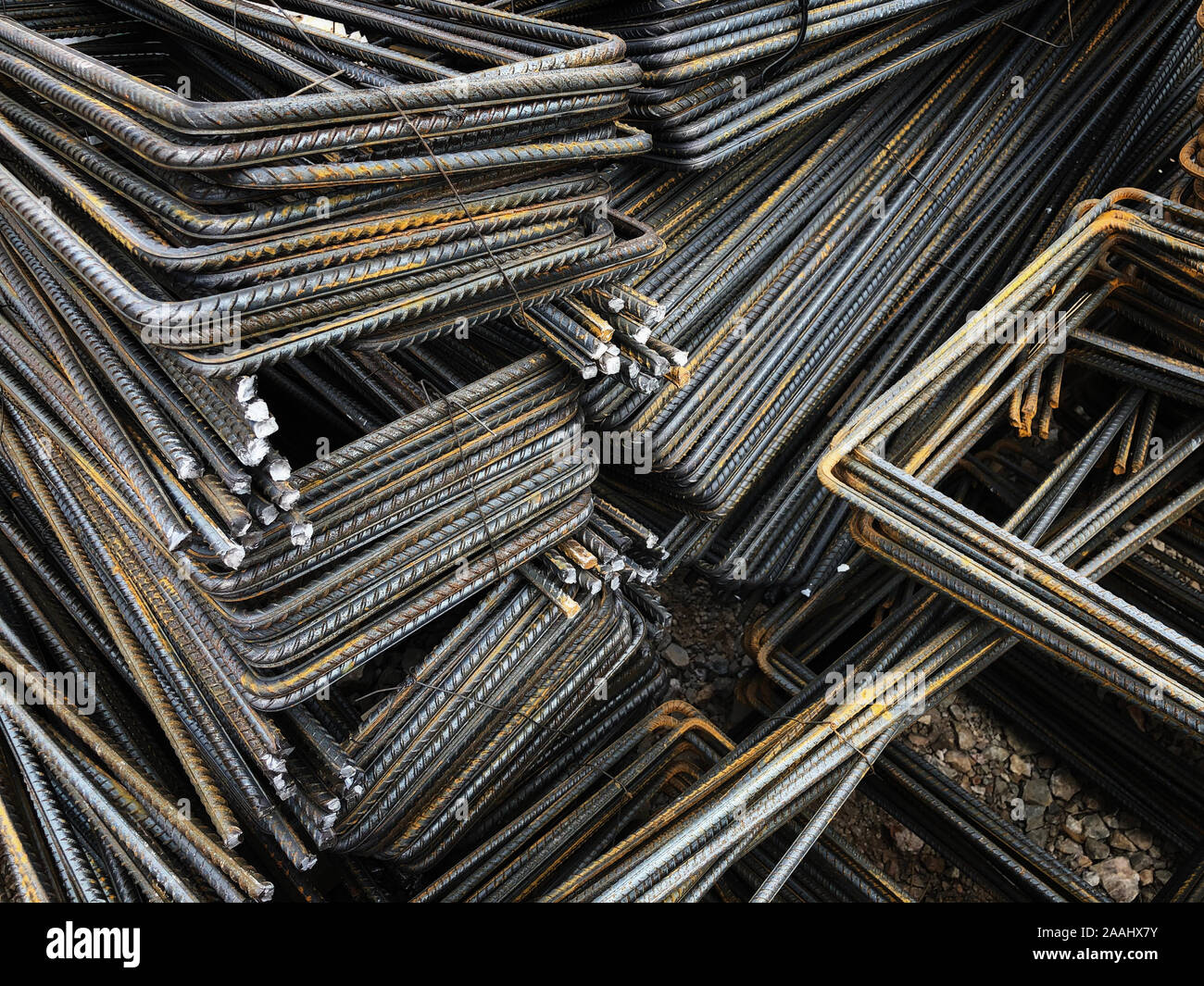 Piled iron reinforcement workpieces. Bent metal parts for reinforcement ...